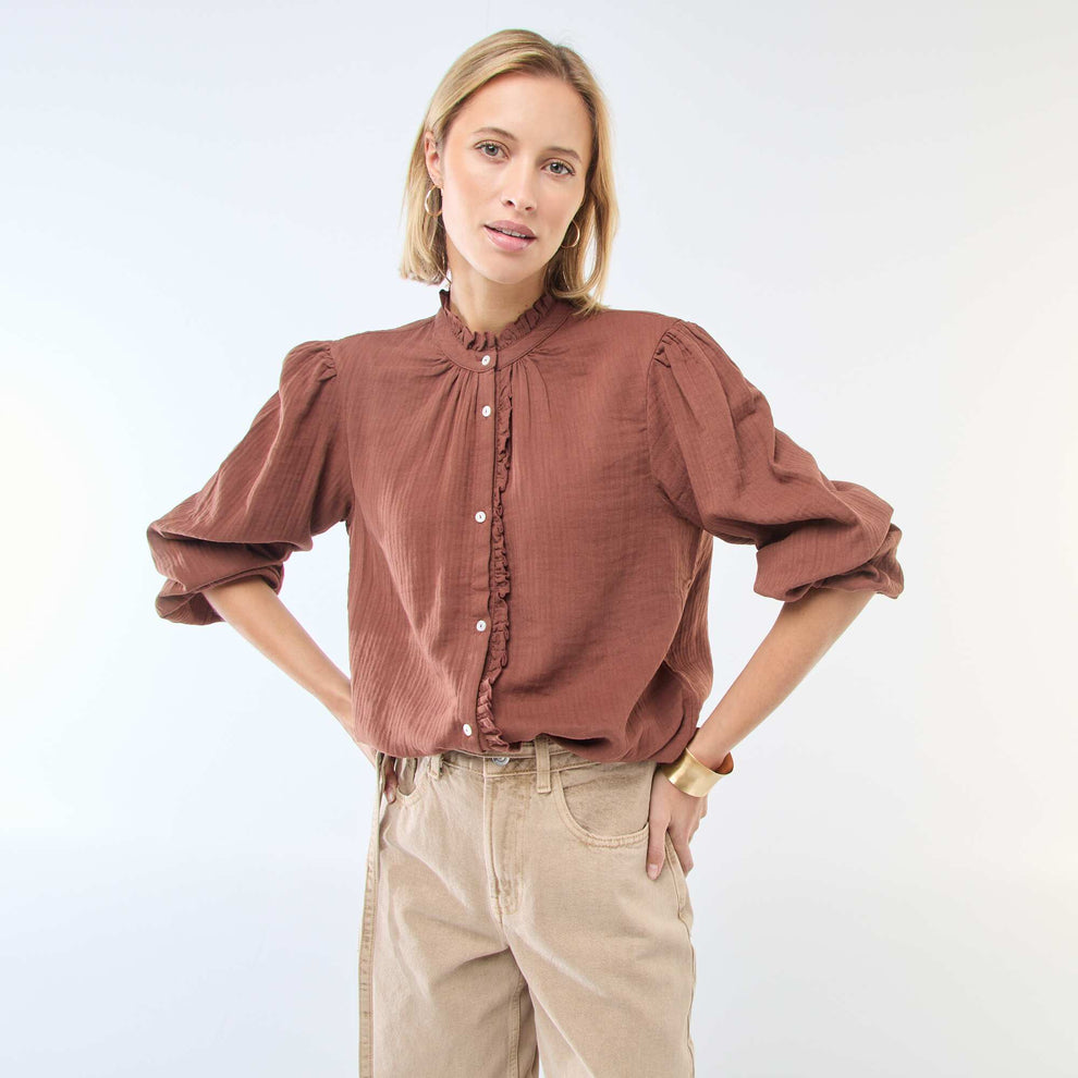 Chemisier en gaze de coton avec bords ondulés MARRON – Kiabi Tunisie
